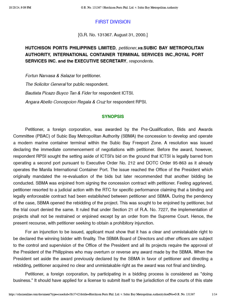 0235 Hutchison Ports v. SBMA [10p] | PDF | Lawsuit | Injunction