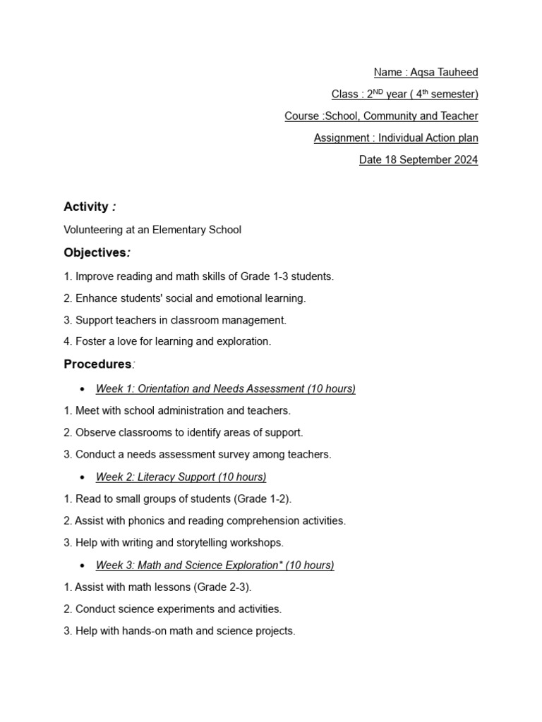 Aqsa Tauheed Assignment (Action Plan) | PDF | Teachers | Literacy
