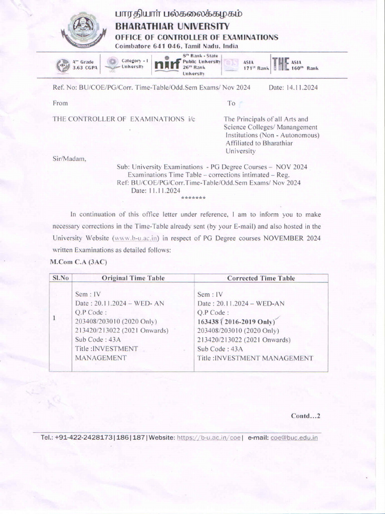 PG-NOV 2024-M.Com (CA) - MBA-Correction Time Table | PDF