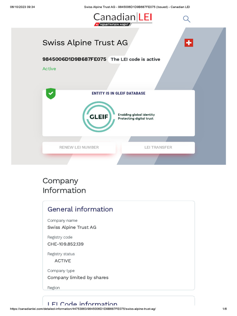 Swiss Alpine Trust AG - 9845006D1D9B687FE075 (Issued) - Canadian LEI ...