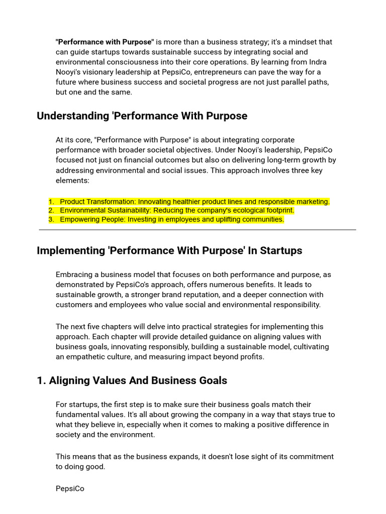 Performance with Purpose for Startups | PDF | Sustainability | Pepsi Co
