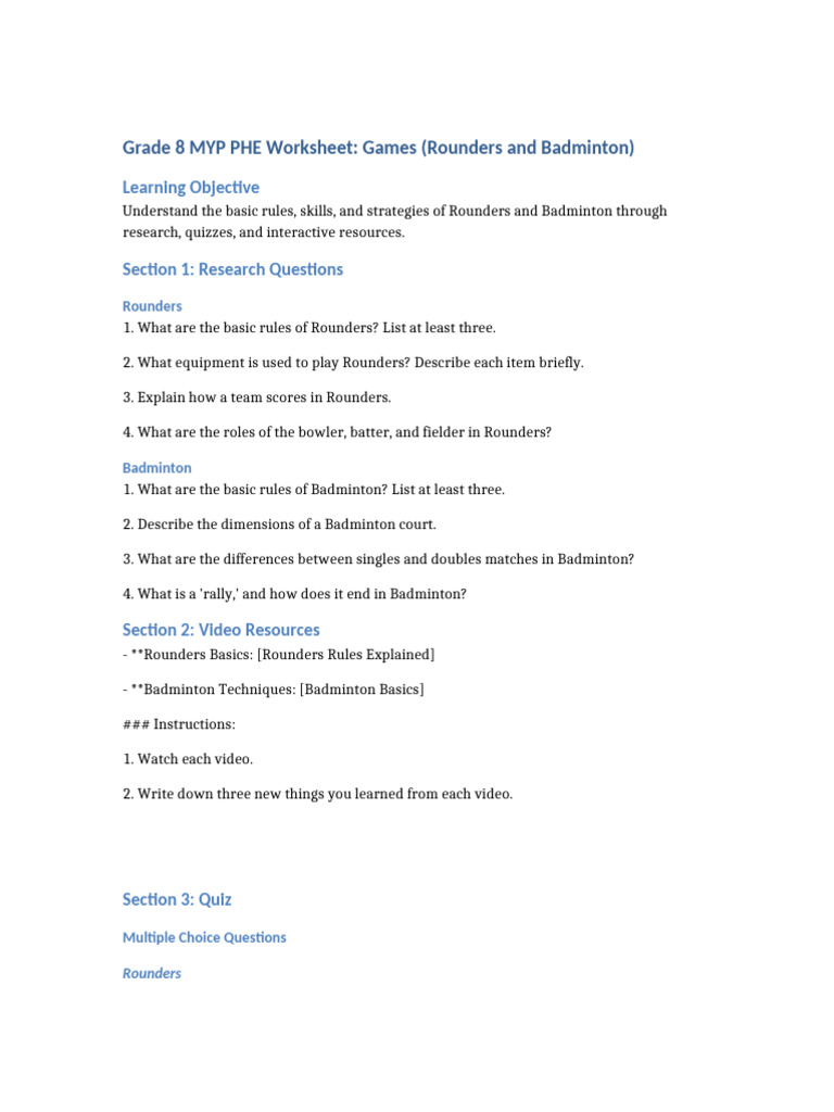 Grade8 MYP PHE Worksheet | PDF | Athletic Sports | Team Sports