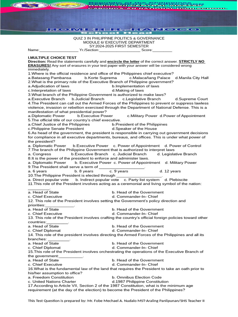 Philippine Politics Quiz: Executive Branch | PDF | Presidents Of The ...
