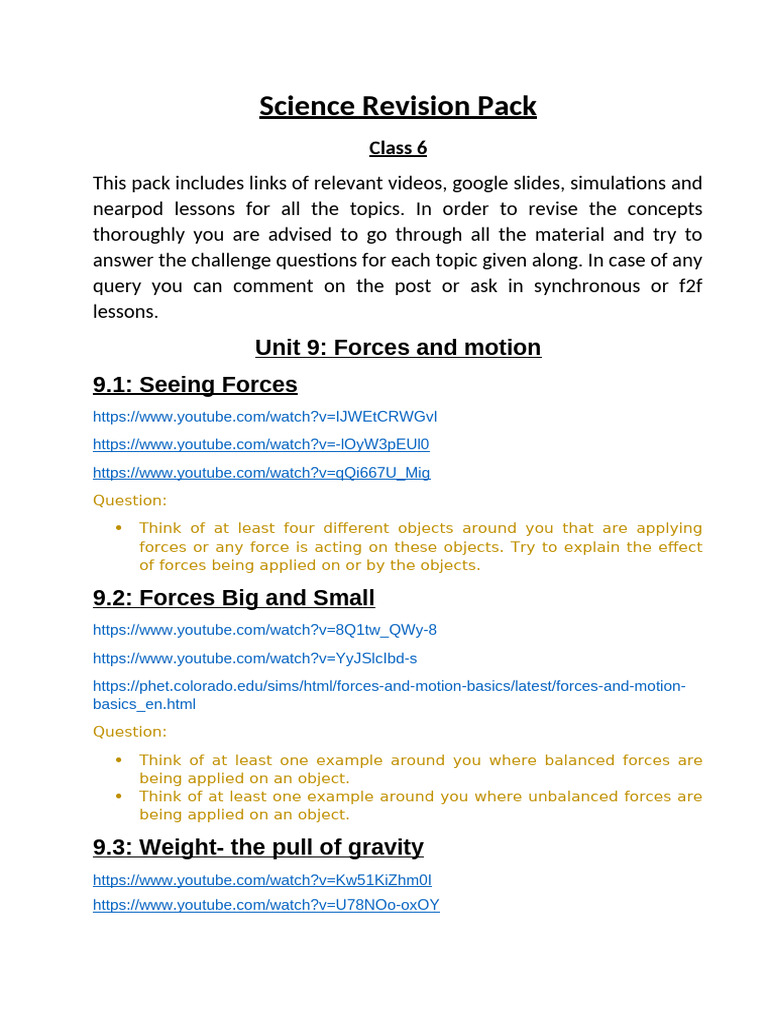 Science Revision Pack Class 6 | PDF | Potential Energy | Force