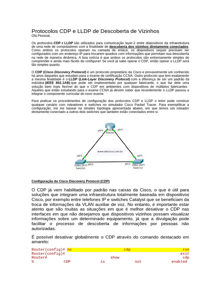 Protocolos CDP e LLDP de Descoberta de Vizinhos | PDF | Rede de computadores | Roteador ...