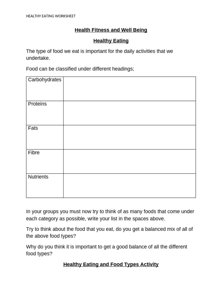 Healthy Eating Worksheet | PDF