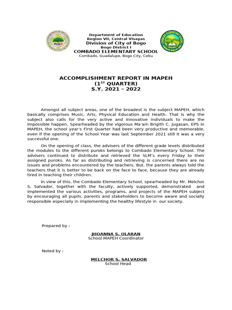 Mapeh 1st Quarter - Accomplishment Report | PDF
