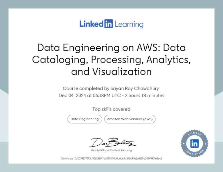 CertificateOfCompletion - Data Engineering On AWS Data Cataloging Processing Analytics and ...