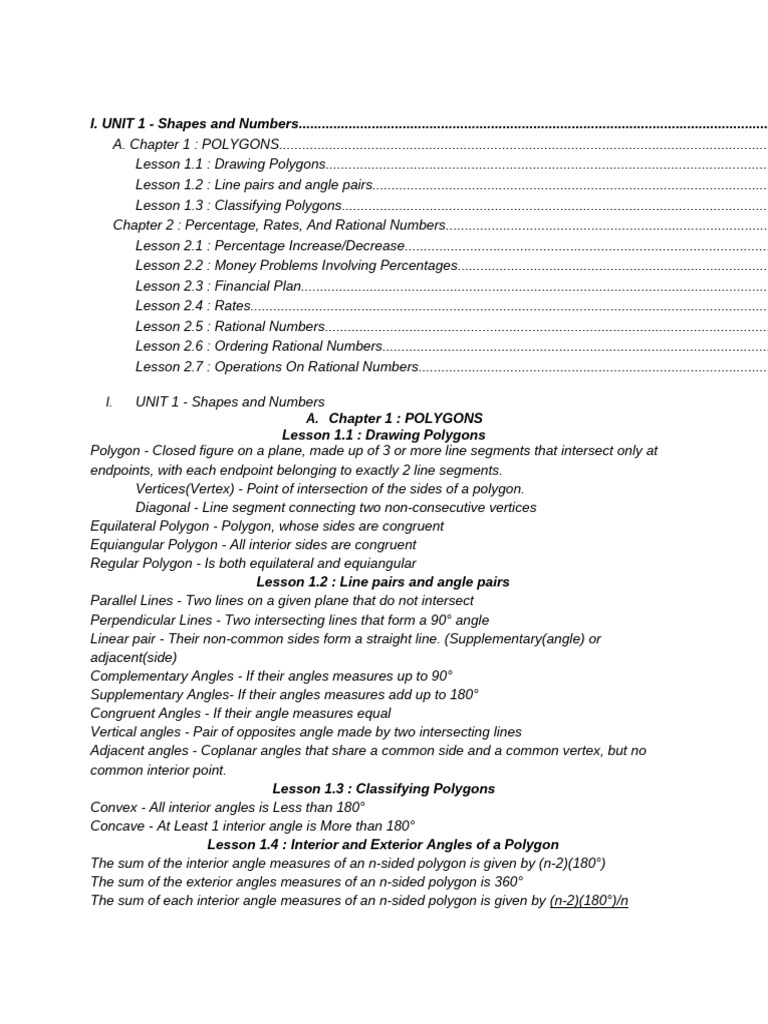 Grade 7 Math Reviewer: Quarter 1 | PDF | Vertex (Geometry) | Angle