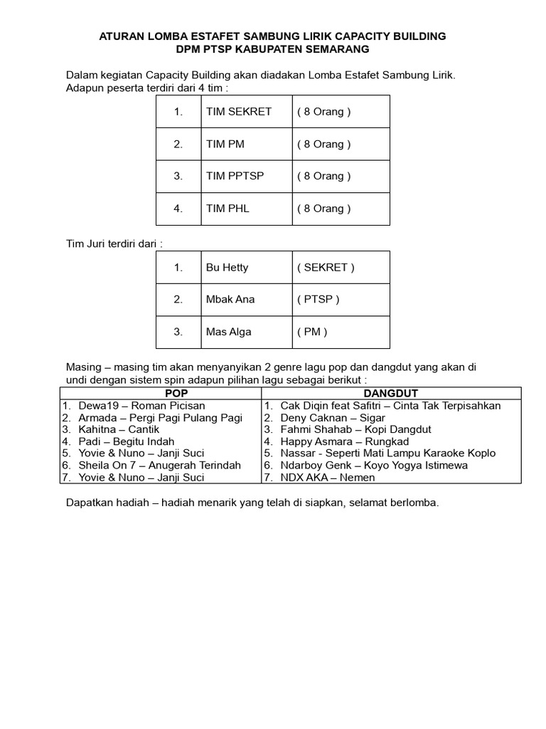 Aturan Lomba Estafet Sambung Lirik | PDF