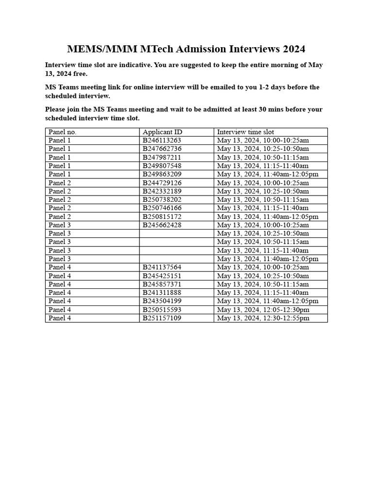 Consolidated Interview Schedule MEMS MMM | PDF