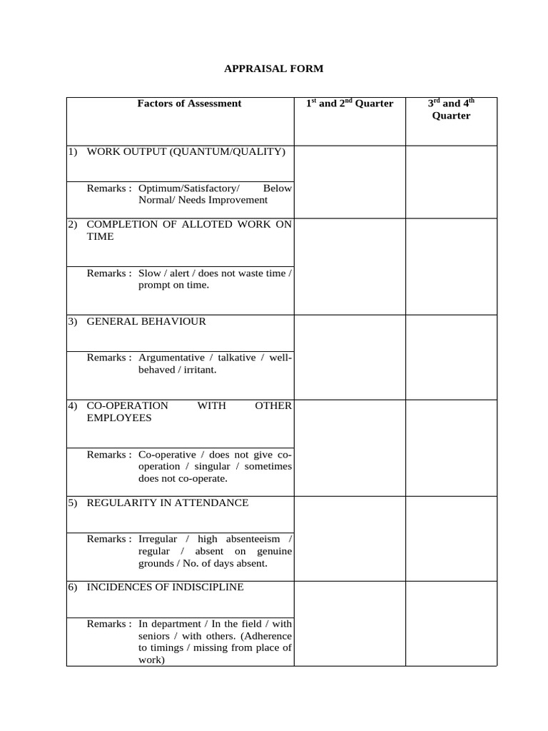 Appraisal Form For Employees | PDF