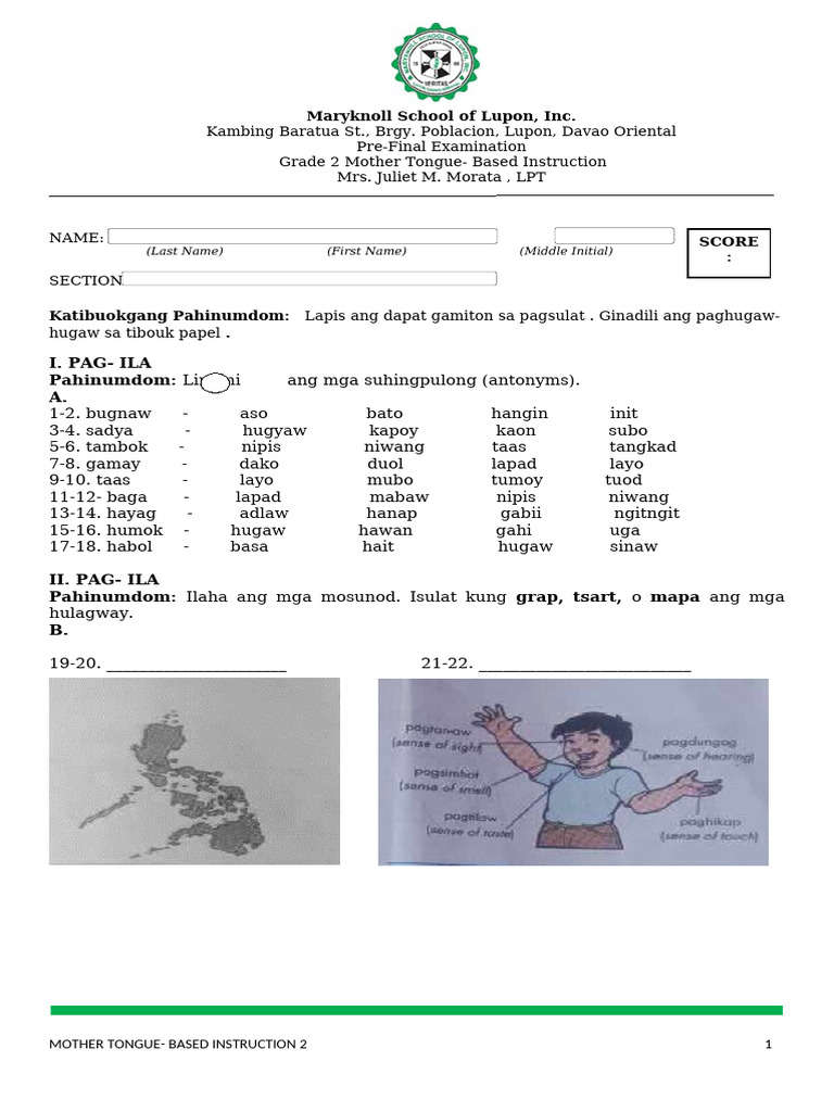 Grade-2 MTB Pre-Final Exam 2324 | PDF