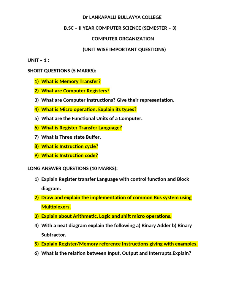 Co-Unit Wise Imptnt QSTNS | PDF | Input/Output | Integrated Circuit