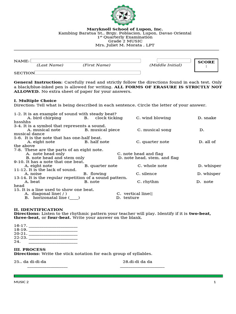Grade-2 Music1st Quarter Exam | PDF