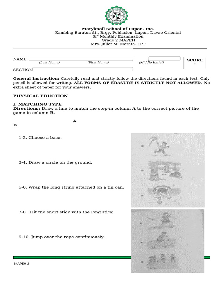 Grade-2 PE 3rd Monthly Exam | PDF