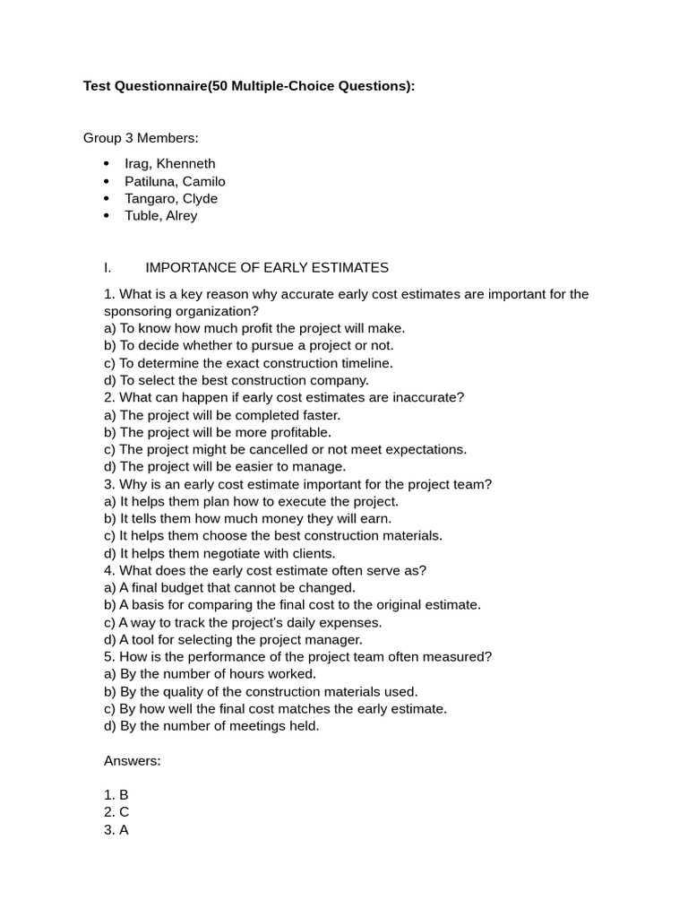Early Cost Estimation Questionnaire | PDF | Information | Business
