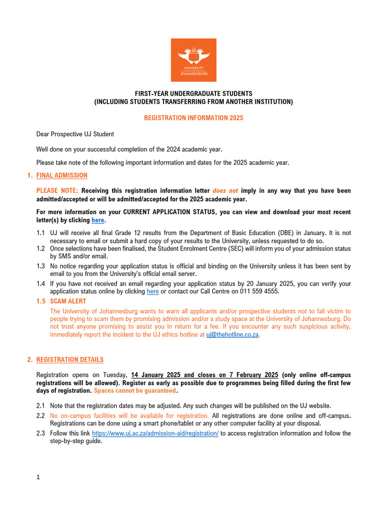 UJ 2025 Registration Information Guide | PDF | Travel Visa
