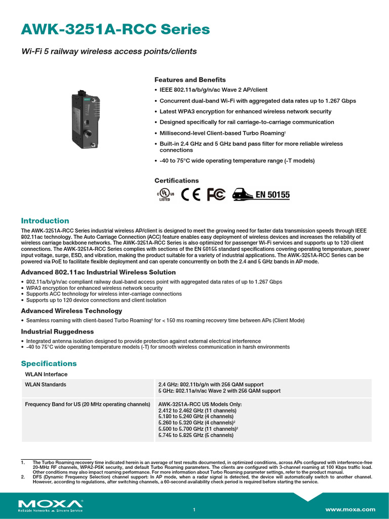 5 - Moxa Awk 3251a RCC Series Datasheet v1.1 | PDF | Ieee 802.11 | Wi Fi