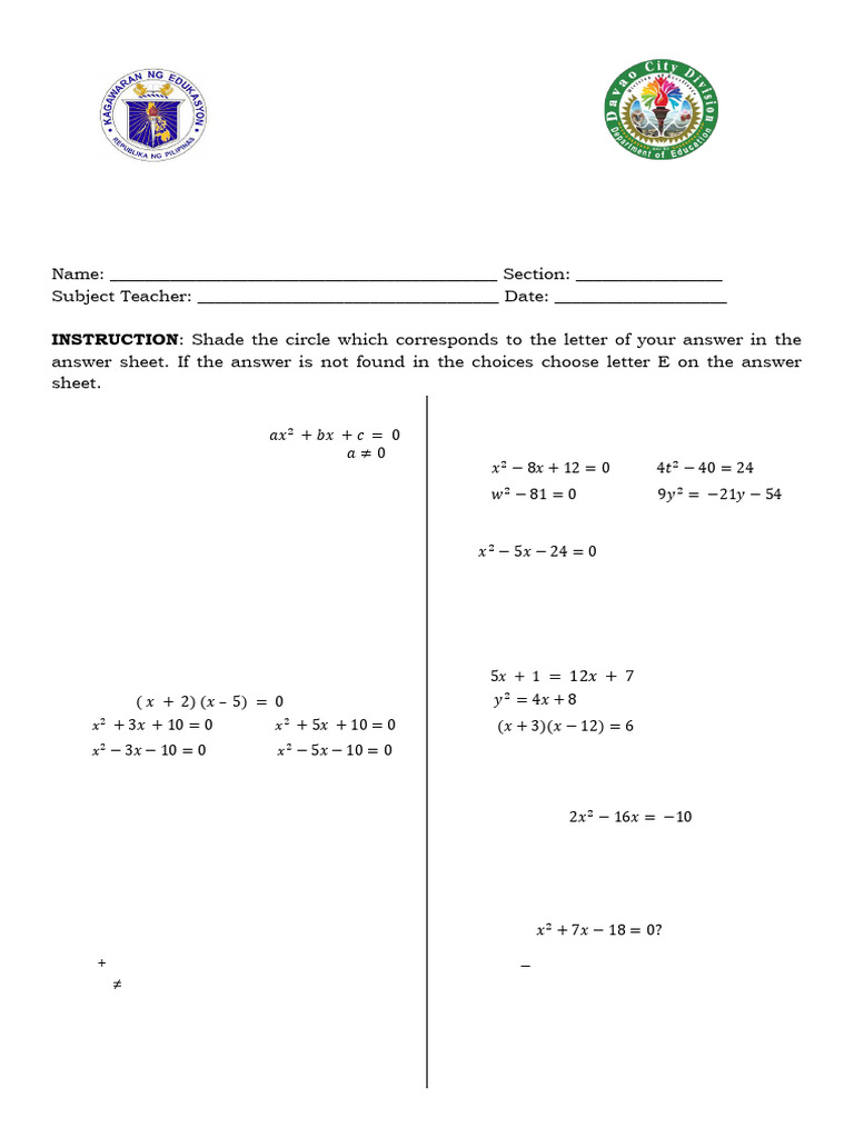 Q1 Mathematics 9 - Summative Test | PDF | Quadratic Equation | Mathematics