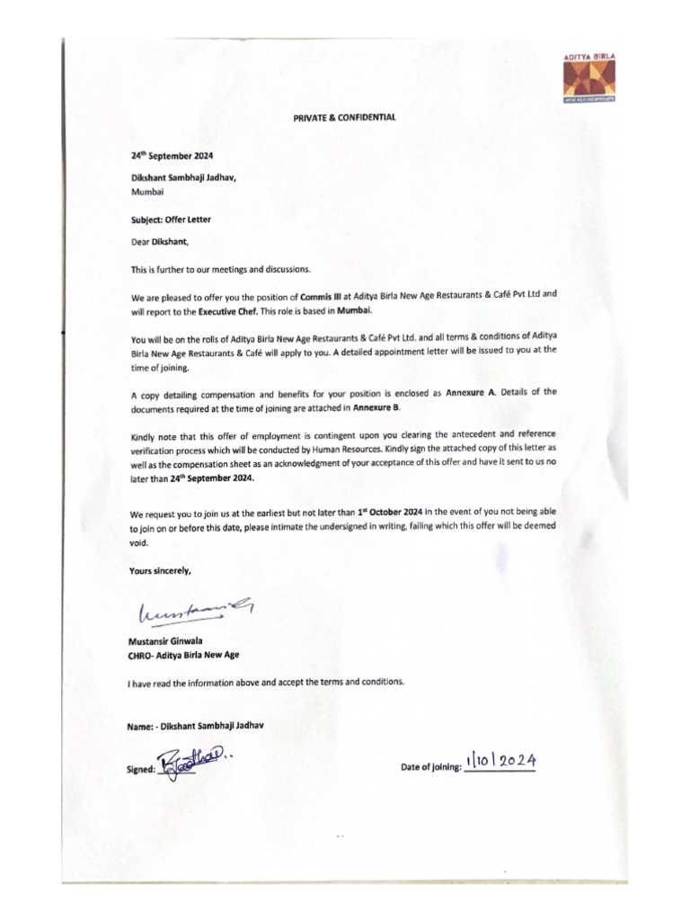 Offer Letter Acceptance | PDF