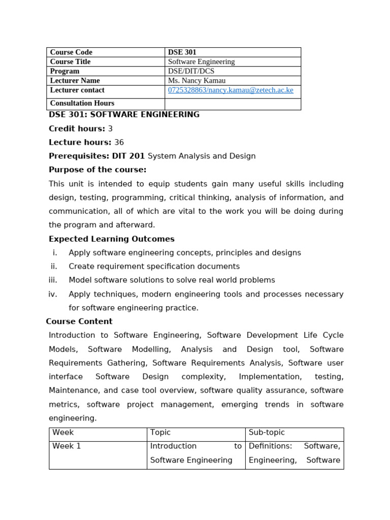 DSE 301 Software Engineering Course Outline | PDF | Engineering | Software