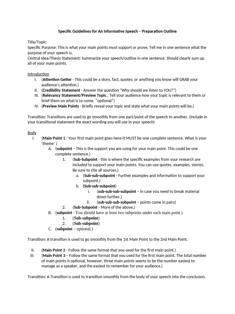 Specific Guidelines For An Informative Speech - Preparation Outline | PDF