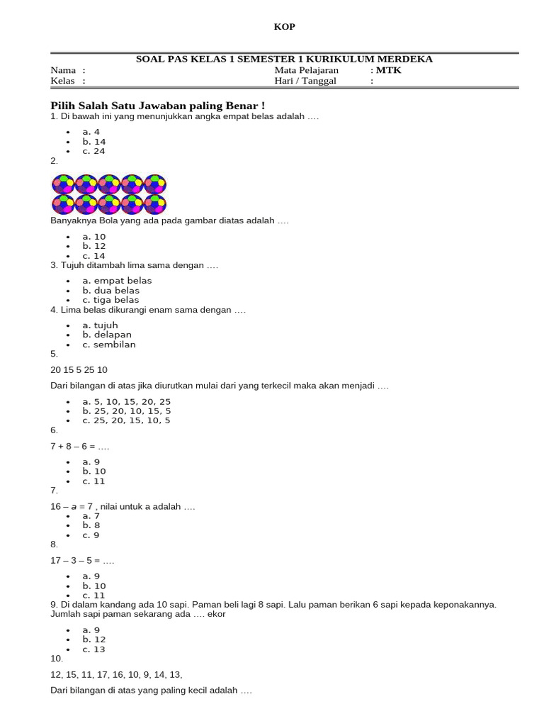 Soal PAS MTK KLS 1 Sem 1 | PDF