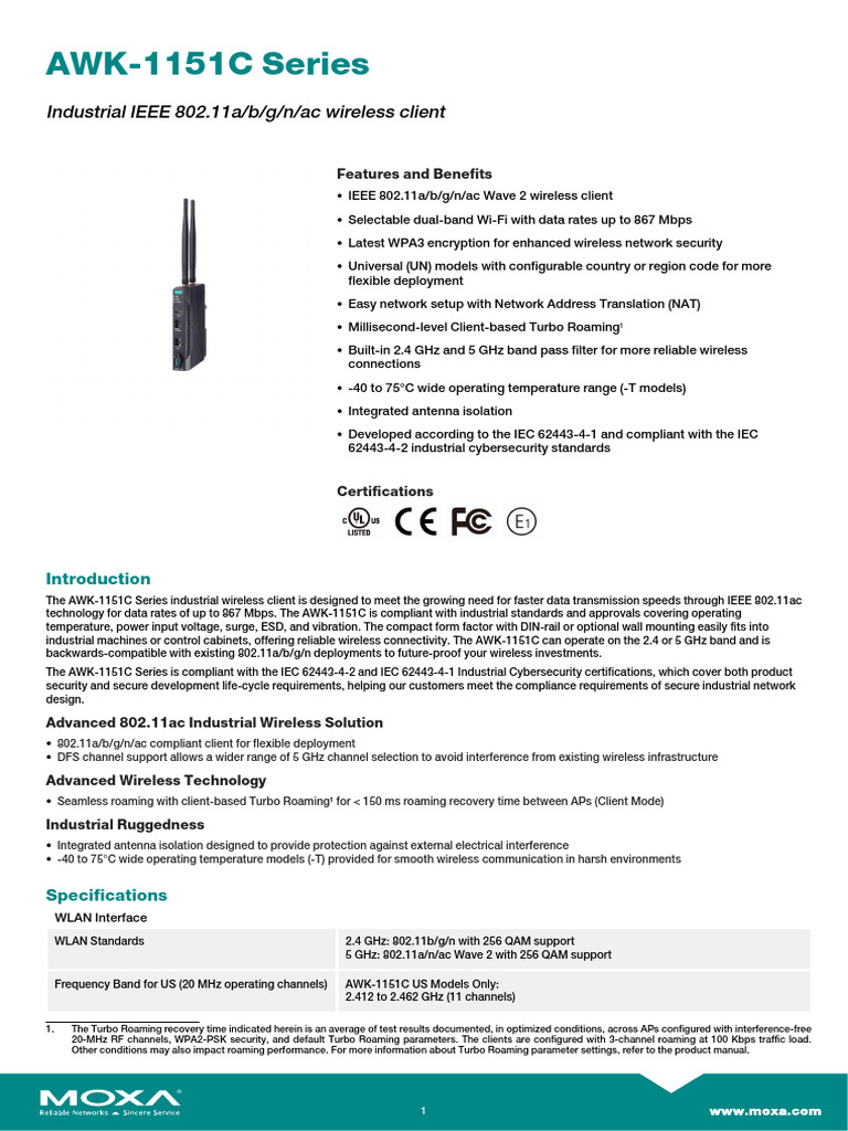 6 - Moxa Awk 1151c Series Datasheet v2.3 | PDF | Ieee 802.11 | Electrical Engineering