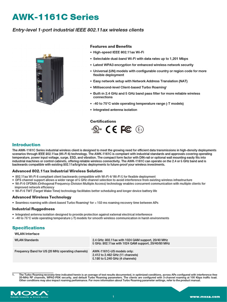 6 Moxa Awk 1161c Series Datasheet v1.1 | PDF | Wi Fi | Ieee 802.11