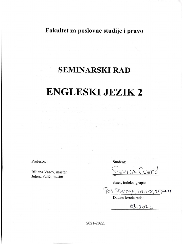 Engleski Jezik 2 Seminarski Rad | PDF