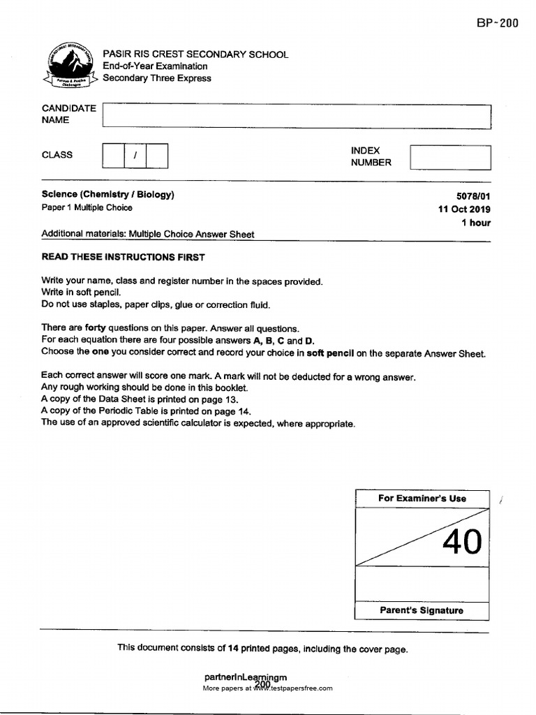 Sec3 Sci Bio 2019 SA2 Pasirriscrest | PDF