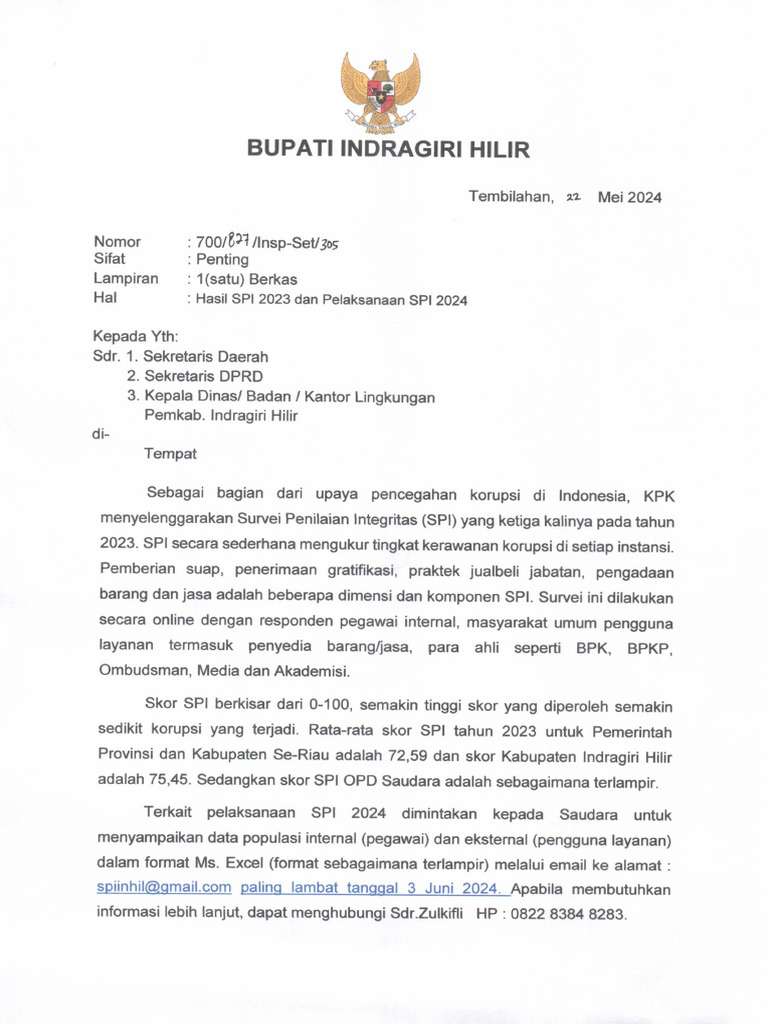 Surat Bupati_Hasil SPI 2023 Dan Pelaksanaan SPI 2024 | PDF