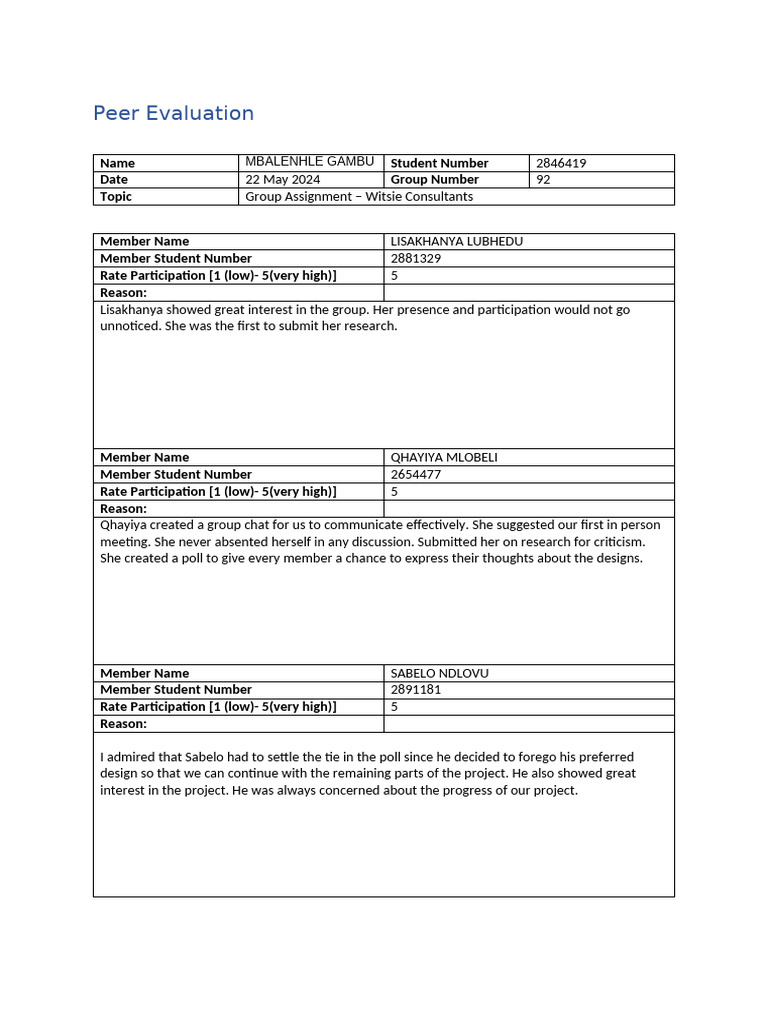 Peer evaluation template Assignment-1 | PDF