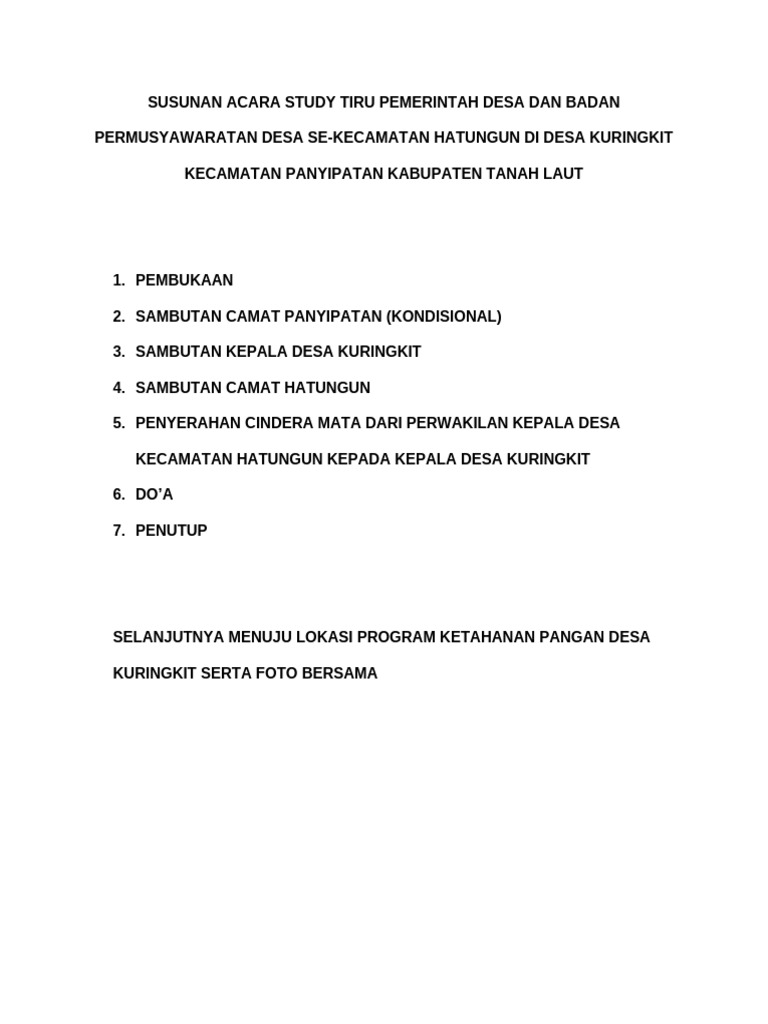 Susunan Acara Study Tiru Pemerintah Desa Dan Badan Permusyawaratan Desa Se | PDF
