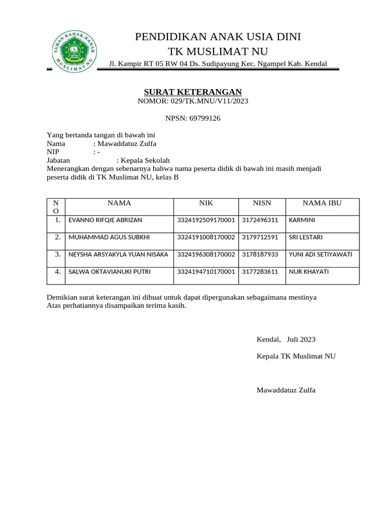 Surat Keterangan Peserta Didik TK NU | PDF