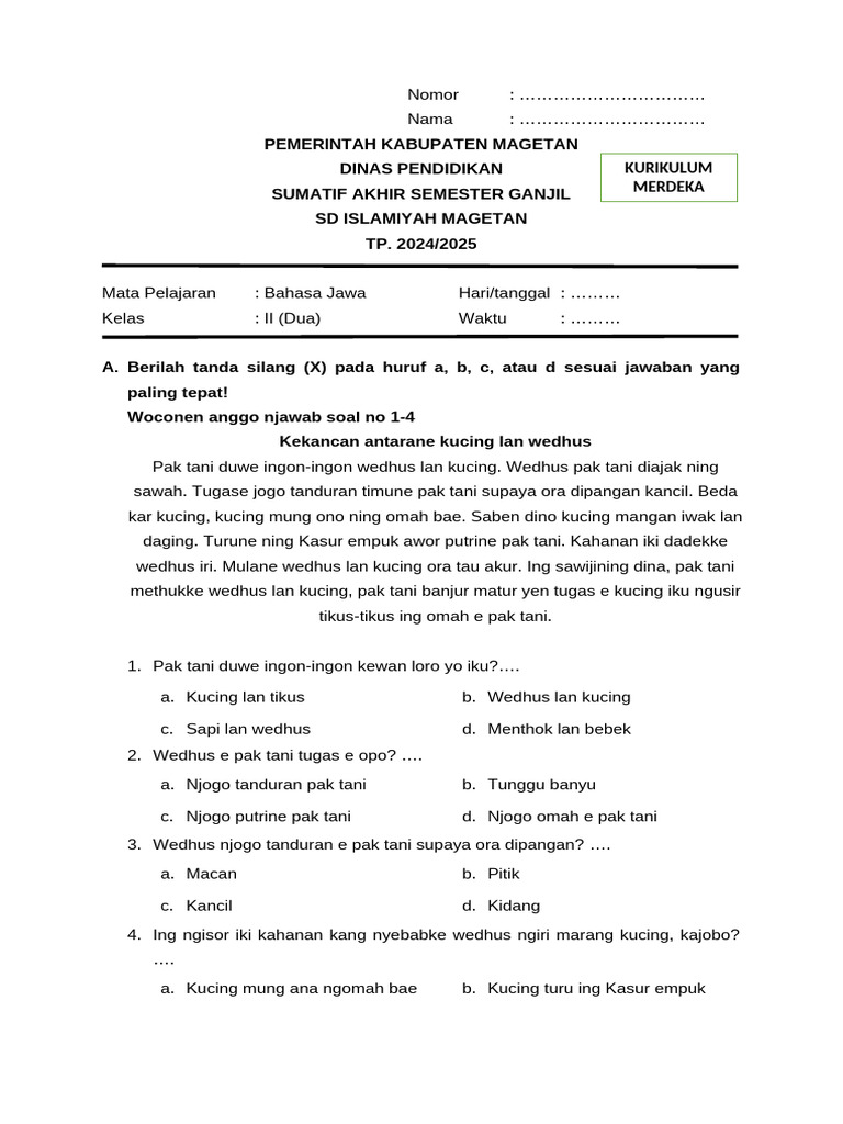 Soal Bahasa Jawa Kelas 2 SD | PDF