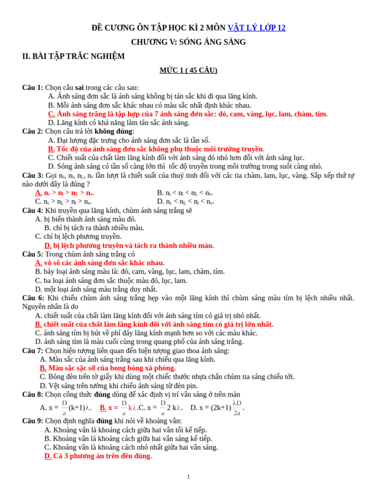 Đề Cương Ôn HK2 Vật Lí Khối 12 Năm Học 2020 | PDF