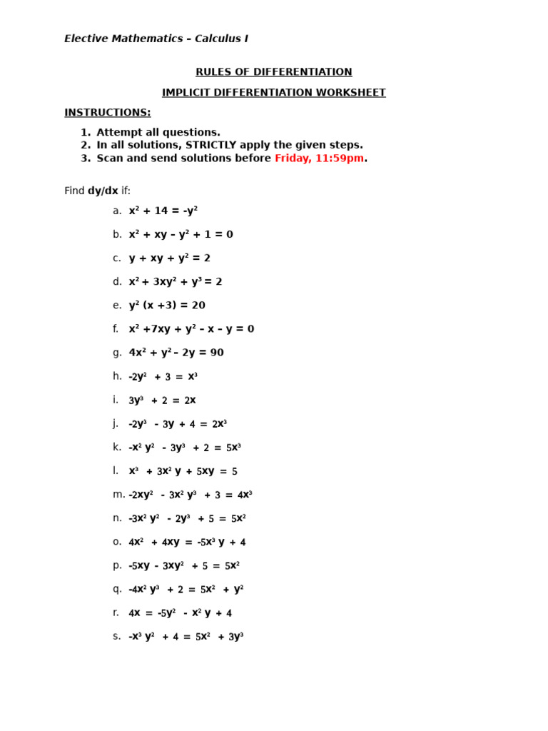 Implicit Differentiation Worksheet | PDF