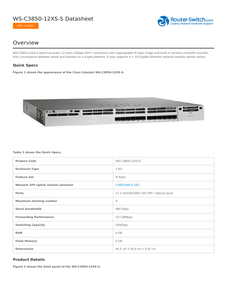 Ws c3850 12xs S Datasheet | PDF | Network Switch | Internet Standards