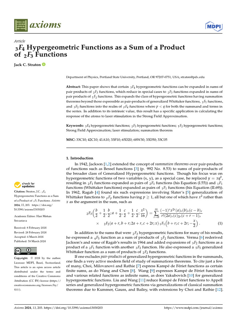 3F4 Hypergeometric - Functions - As - A - Sum - of - A - Product | PDF | Summation | Mathematics
