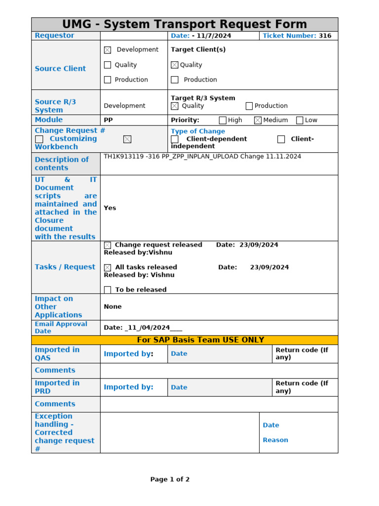 UMG SAP Transport Request Form-316 | PDF