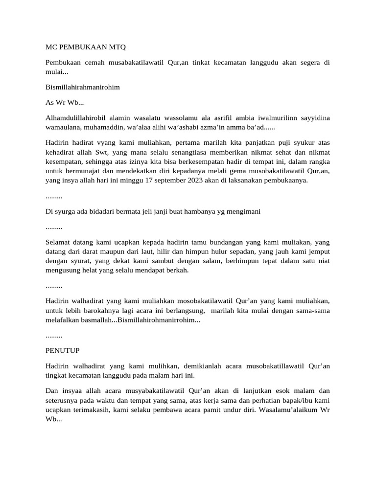 MC Pembukaan MTQ Print | PDF