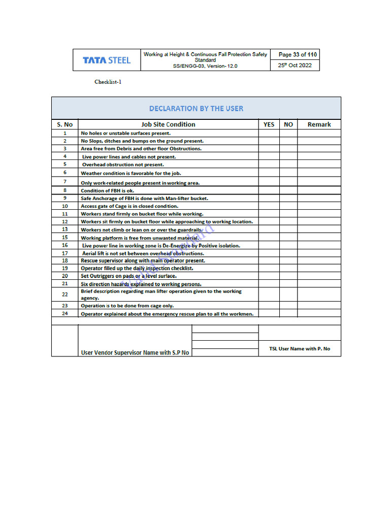 Check List For MEWP Version 12 | PDF