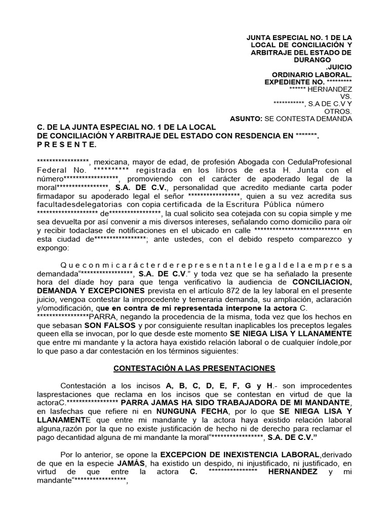 Formato Contestación Demanda Laboral | PDF | Caso de ley | Judicaturas