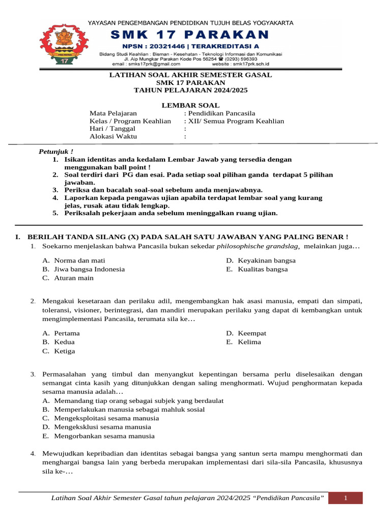 Latihan Soal PAS Kelas XII (PPKN) | PDF