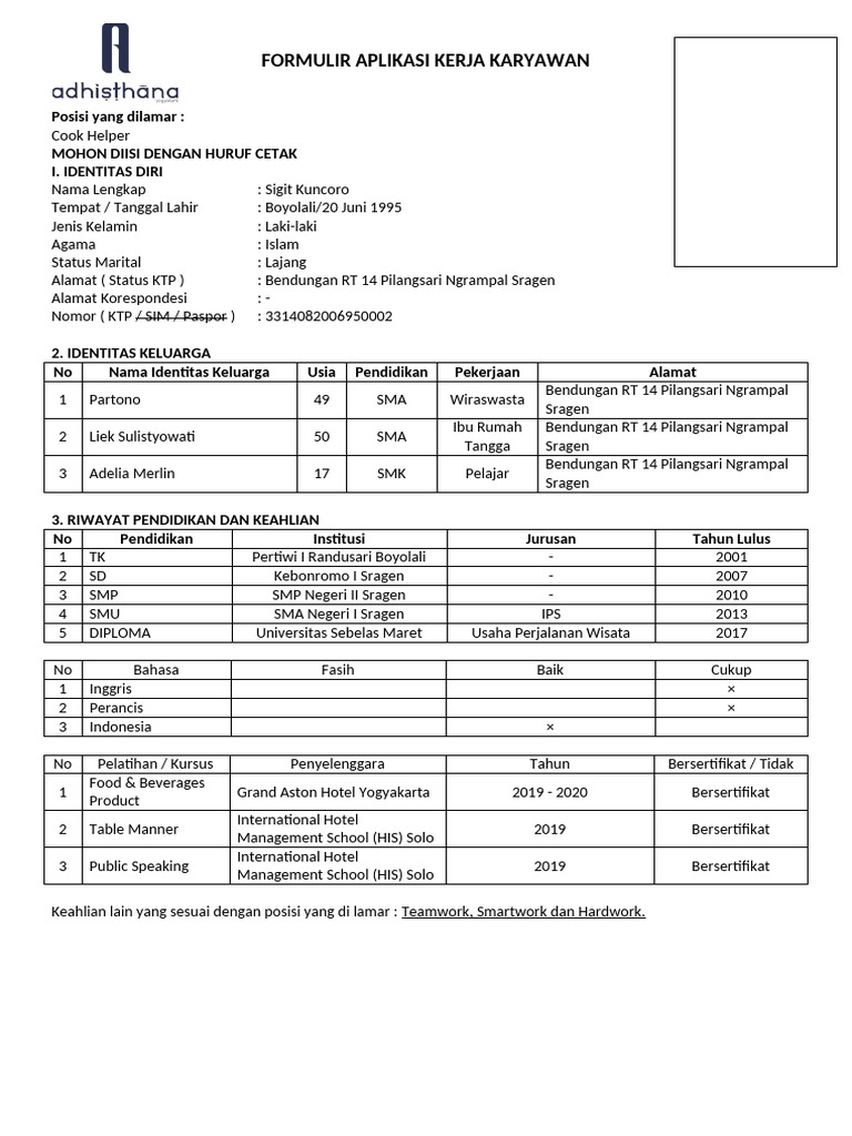 Formulir Aplikasi Kerja Karyawan | PDF