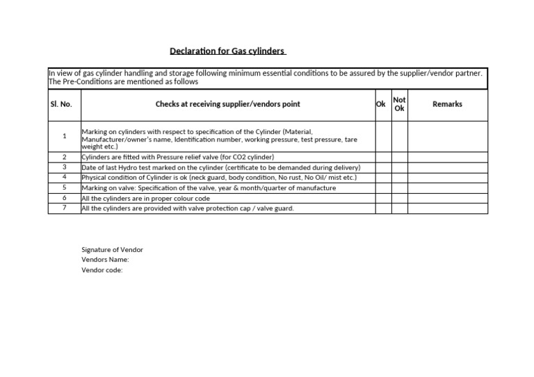 Declaration For Gas Cylinders | PDF