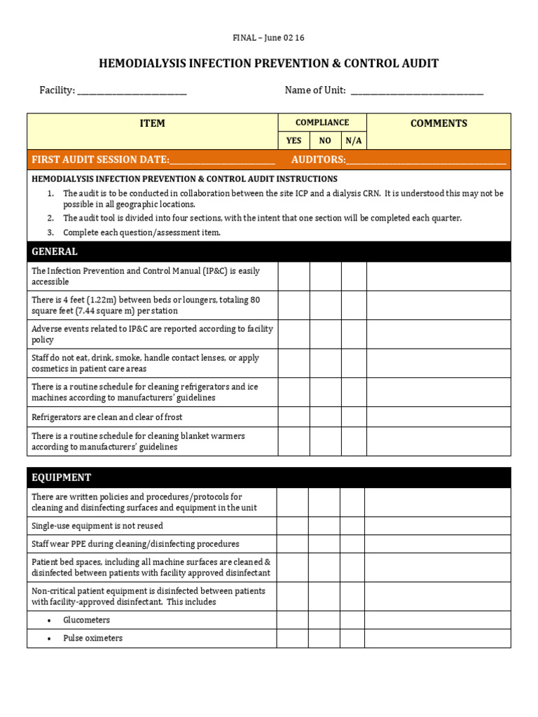 Hemodialysis Infection Control Audit | PDF | Hemodialysis | Hygiene