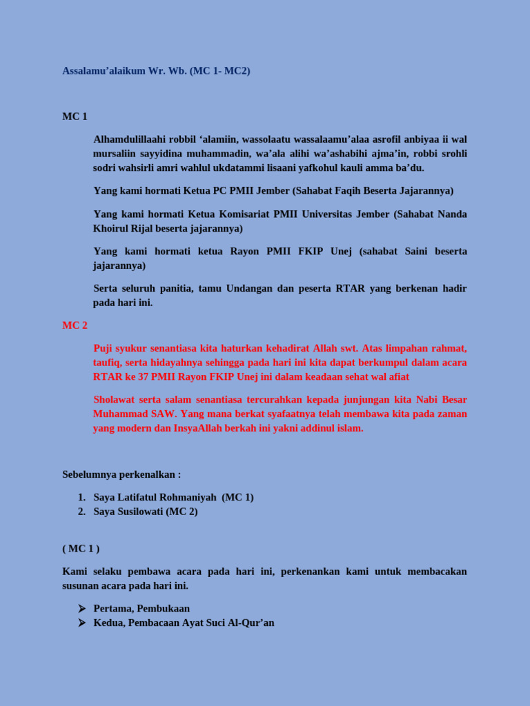 Teks MC Pembukaan Rtar | PDF